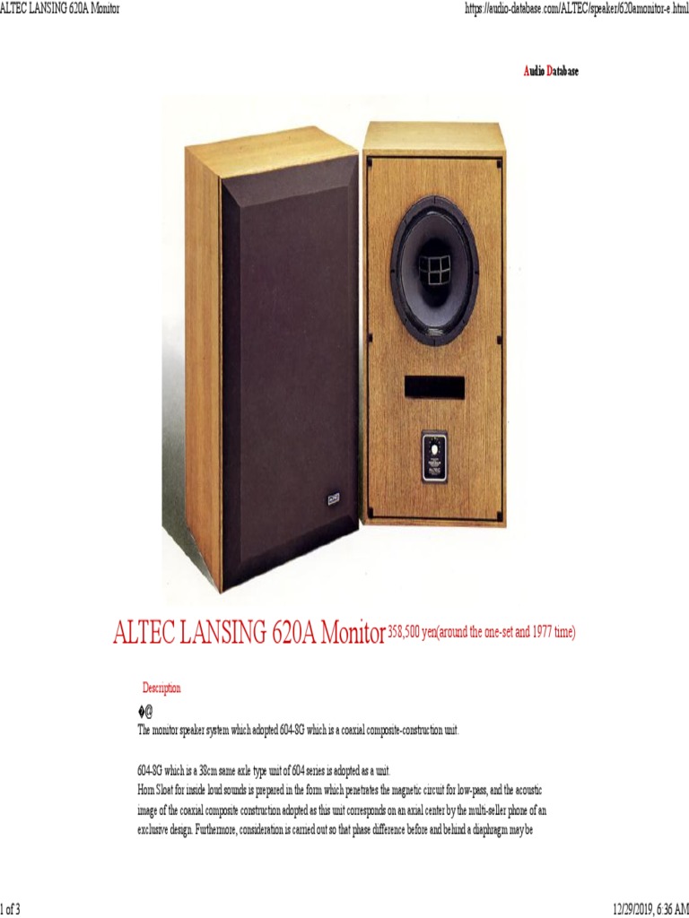 ALTEC LANSING 620A Monitor | PDF | Loudspeaker | Electronic Engineering