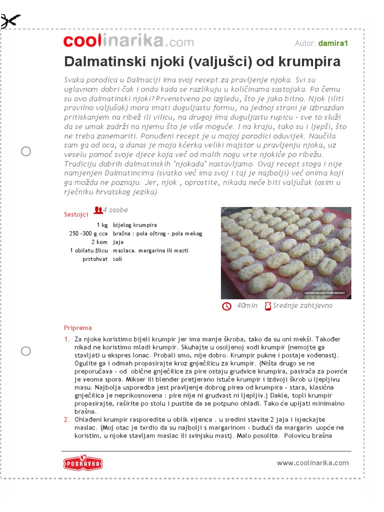Dalmatinski Njoki Valjusci Od Krumpira | PDF