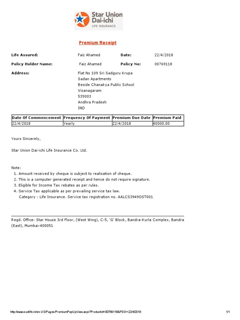 Mediclaim Premium Receipt 2018 | PDF