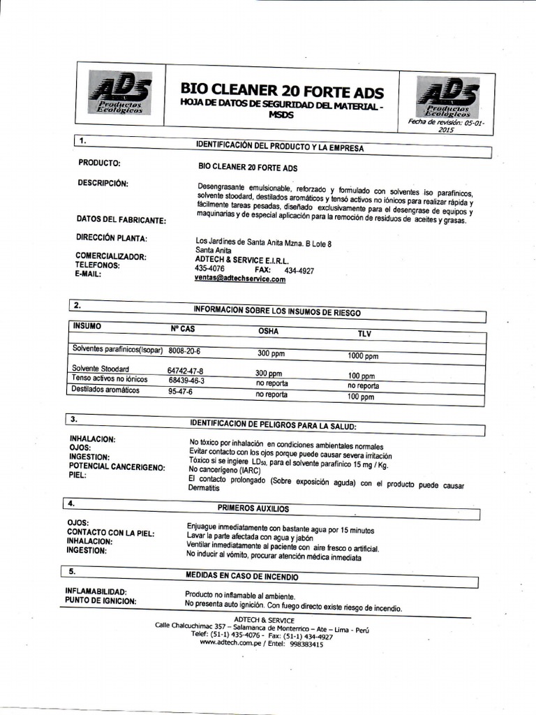 SDS Bio Cleaner 20 Forte Ads | PDF