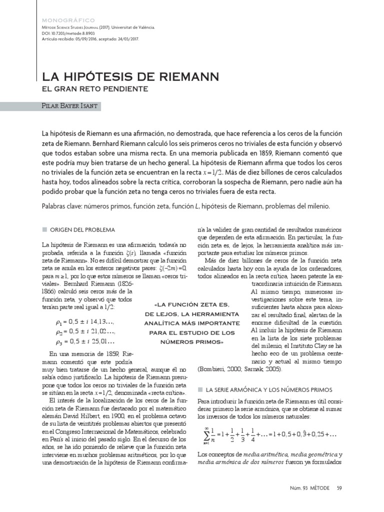 93ES MONO 2 Hipotesis Riemann | PDF | Número primo | Conceptos matemáticos