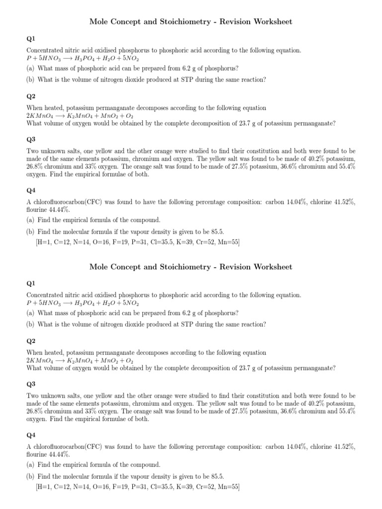 Class10 Mole Concept Test | PDF | Phosphorus | Stoichiometry