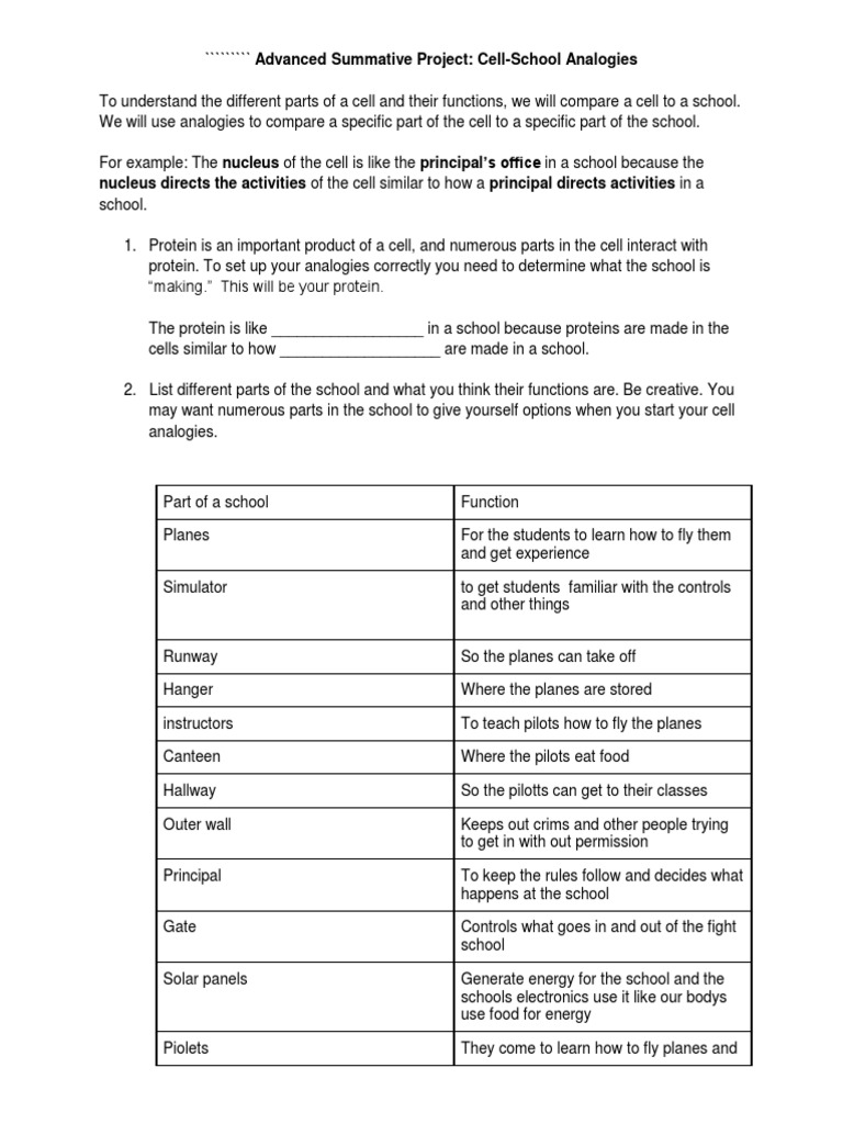 Cell-School Analogy Project Guide | PDF | Cytoplasm | Lysosome
