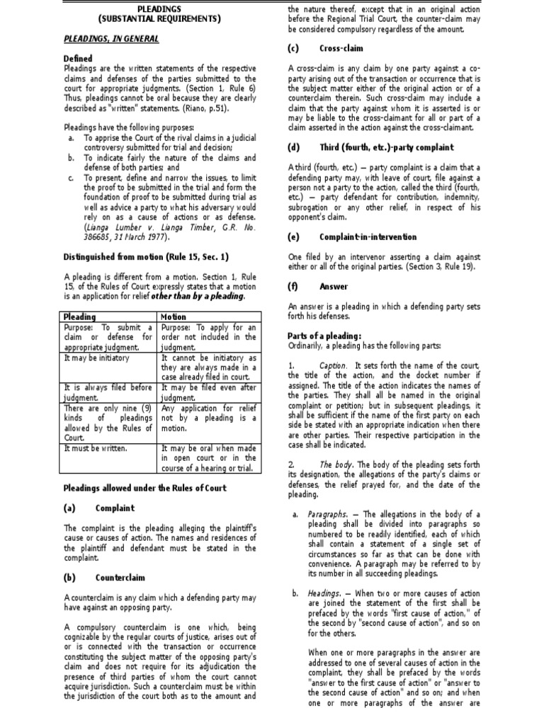 397420982-Civil-Procedure-Reviewer-part 2 | PDF | Pleading | Complaint