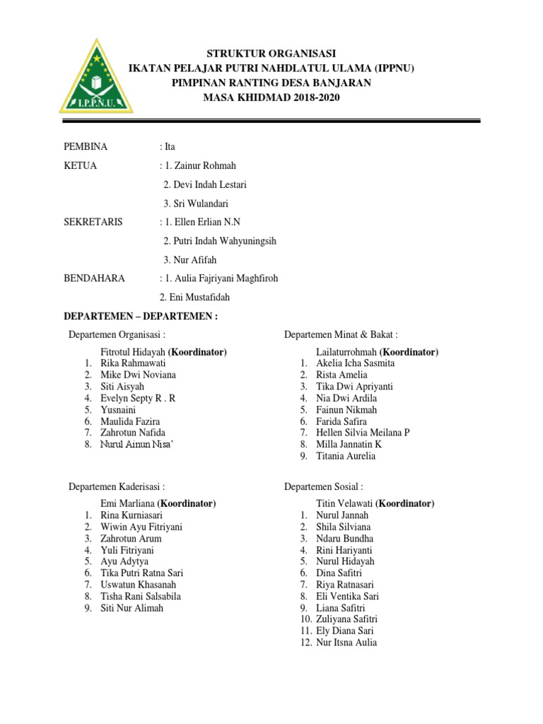 Struktur Organisasi Ippnu Ranting 18-20 | PDF