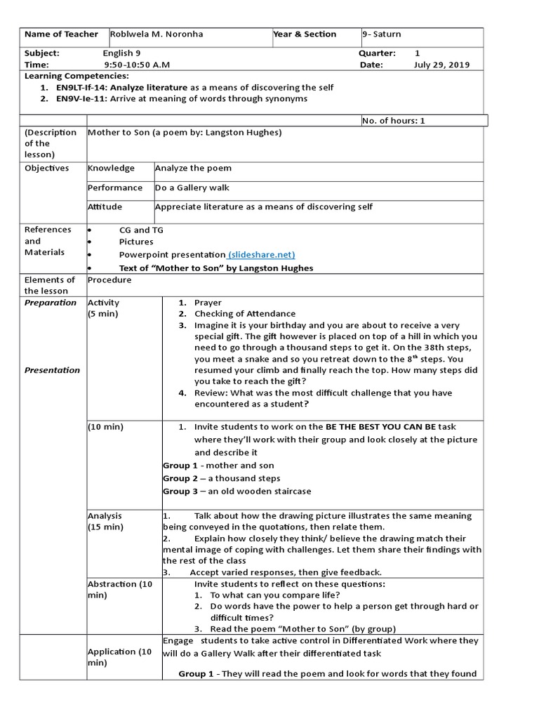 Mother To Son (Langston Hughes) | PDF | Cognitive Science | Communication