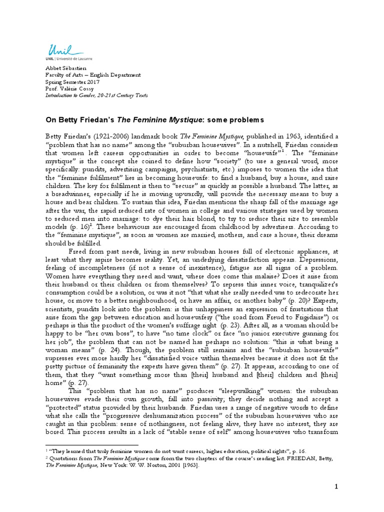 On Betty Friedan S The Feminine Mystique | PDF | Housewife | Femininity