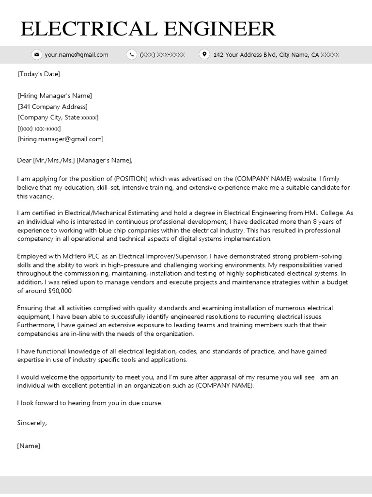 Electrical Engineer Cover Letter Advanced - Original | PDF | Electrical ...