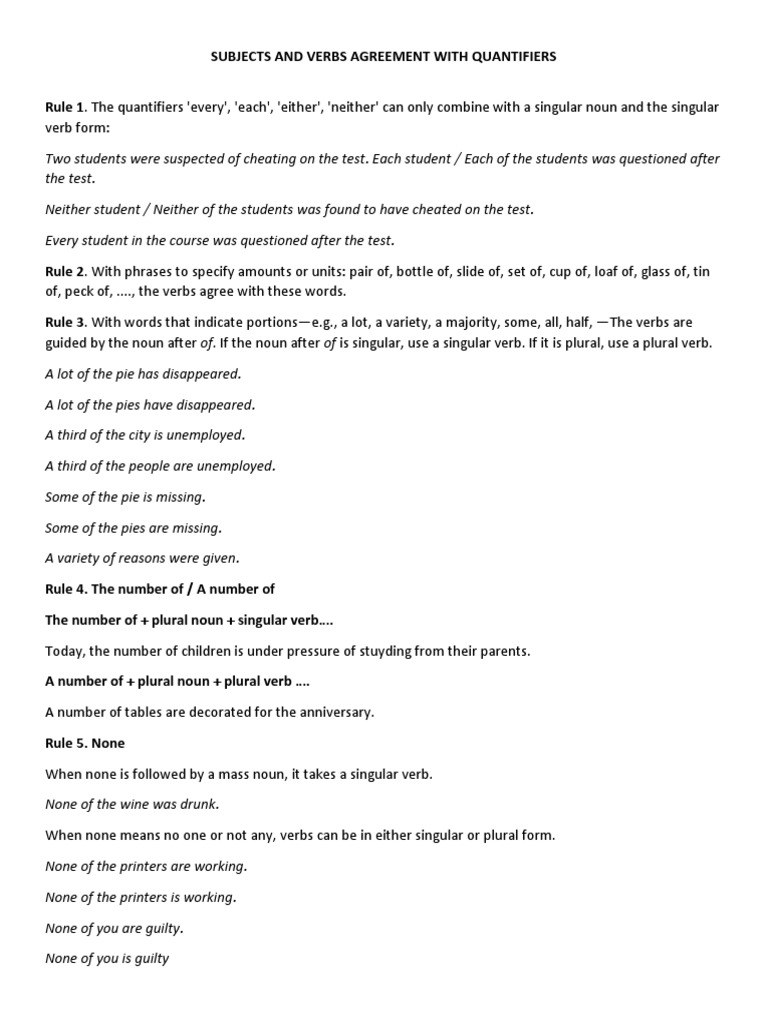 Subjects and Verbs Agreement With Quantifiers | PDF | Grammatical Number | Plural