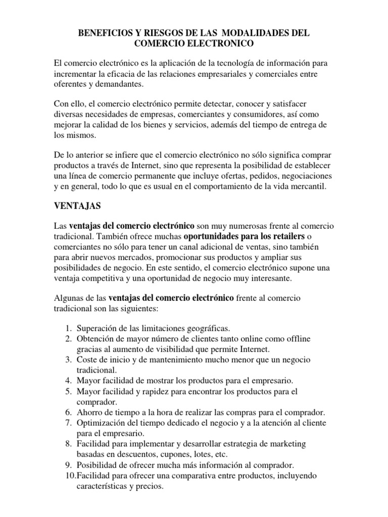 Beneficios y Riesgos de Las Modalidades Del Comercio Electronico | PDF ...