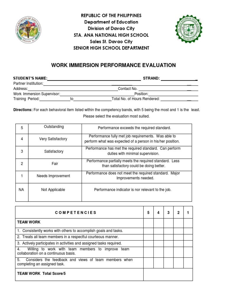 Work Immersion Performance Evaluation | PDF | Psychological Resilience | Performance Appraisal