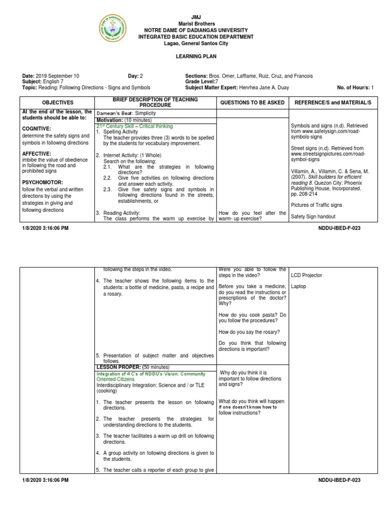 Signs and Symbols-Following Directions | PDF | Lesson Plan | Epistemology