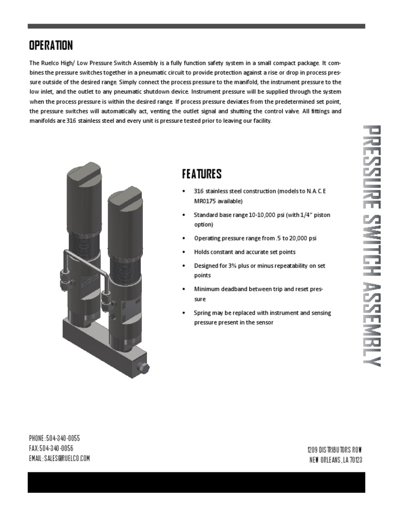 Pressure Switch Assembly Literature | PDF | Valve | Switch