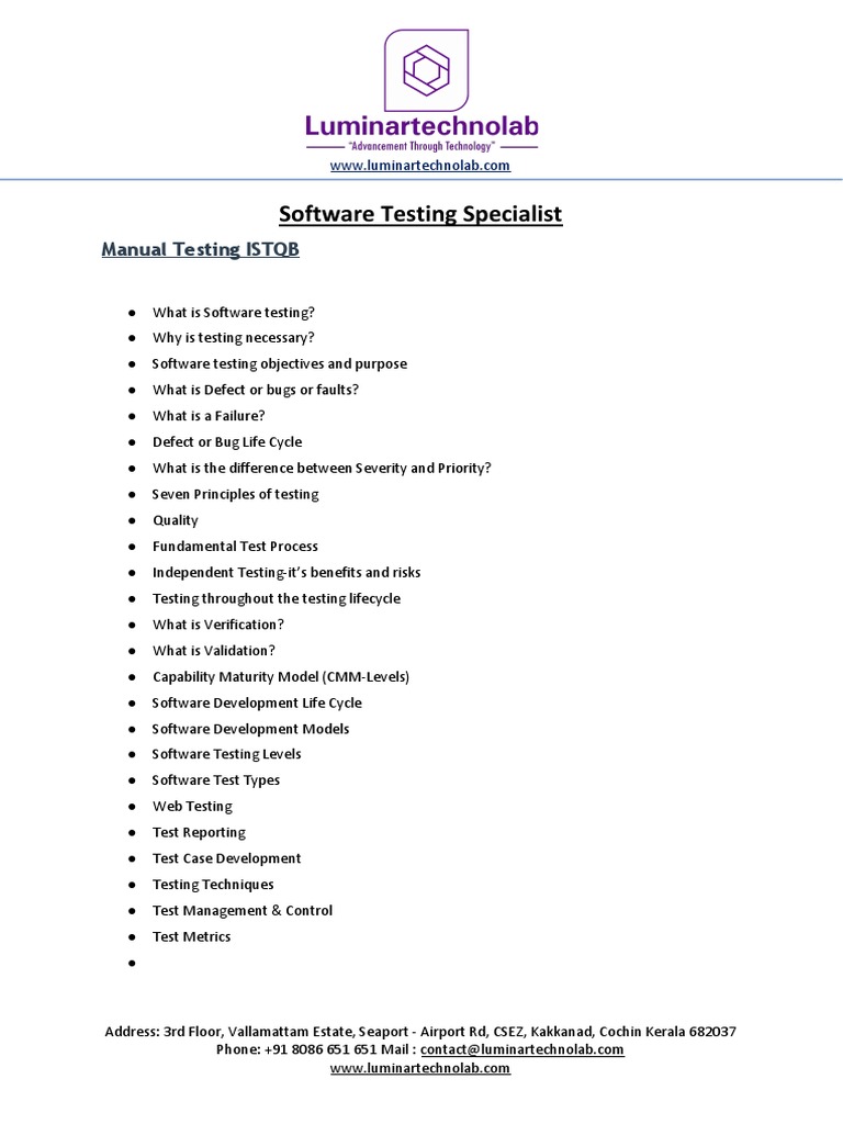 Software Testing - Luminar Technolab - Syllabus | PDF | Selenium ...