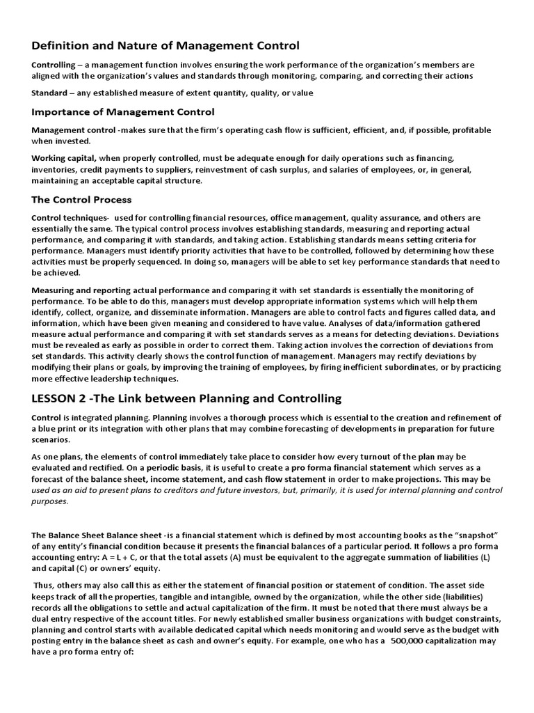 Definition and Nature of Management Control | PDF | Balance Sheet ...