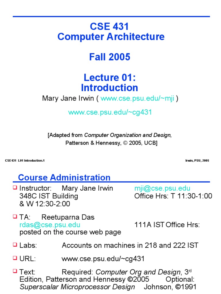 CSE 431 Computer Architecture Fall 2005: Mary Jane Irwin | PDF | Computer Program | Programming