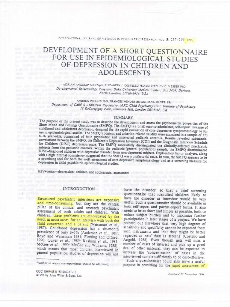 Short Mood and Feelings Questionnaire (1995) | PDF