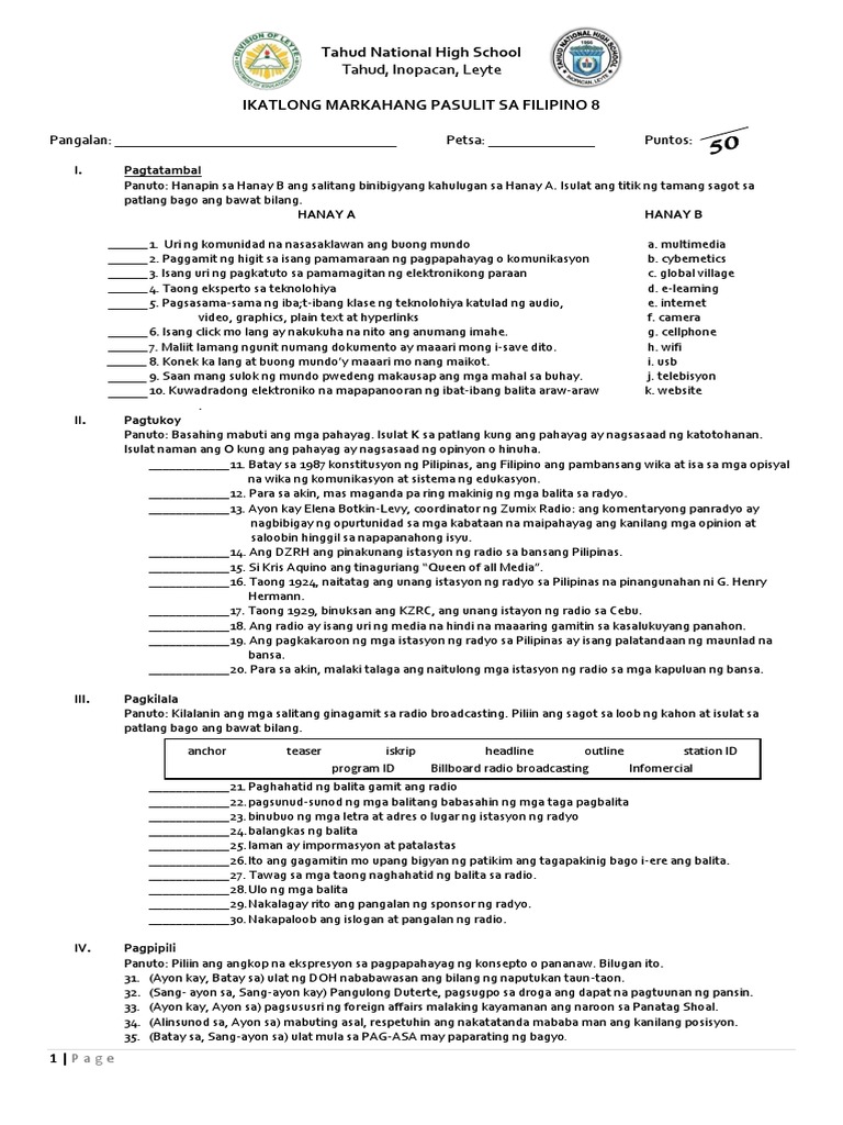 Grade 8 - 3rd Quarter Filipino Test | PDF