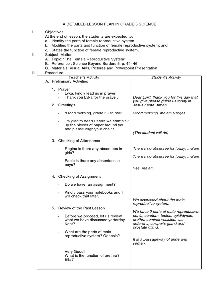 Female Reproductive System Lesson Plan | PDF | Uterus | Reproductive System