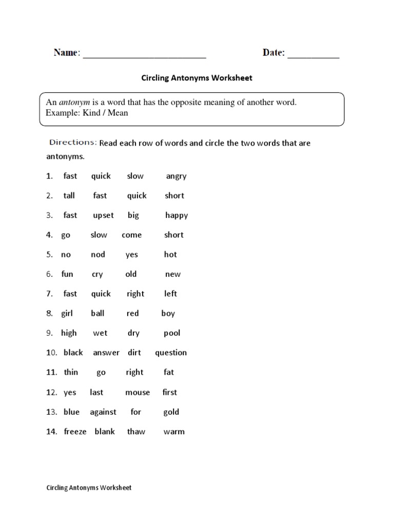 Antonyms Worksheet for Grades 1-6 | PDF