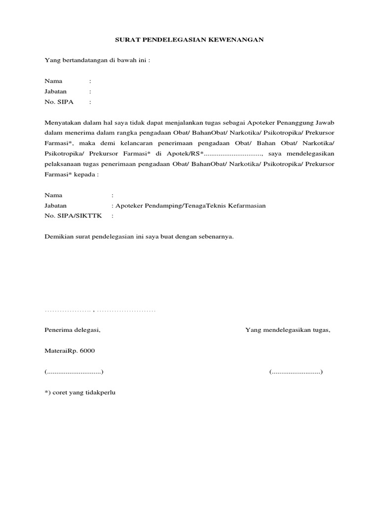 Form Surat Pendelegasian Penerimaan Psikotropik Atau Prekursor | PDF