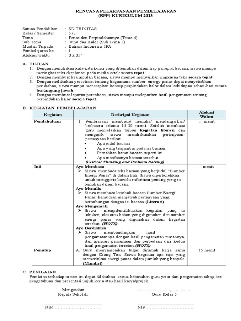 Contoh RPP 1 Lembar SD Trinitas Tahun 2020 | PDF | Sains & Matematika