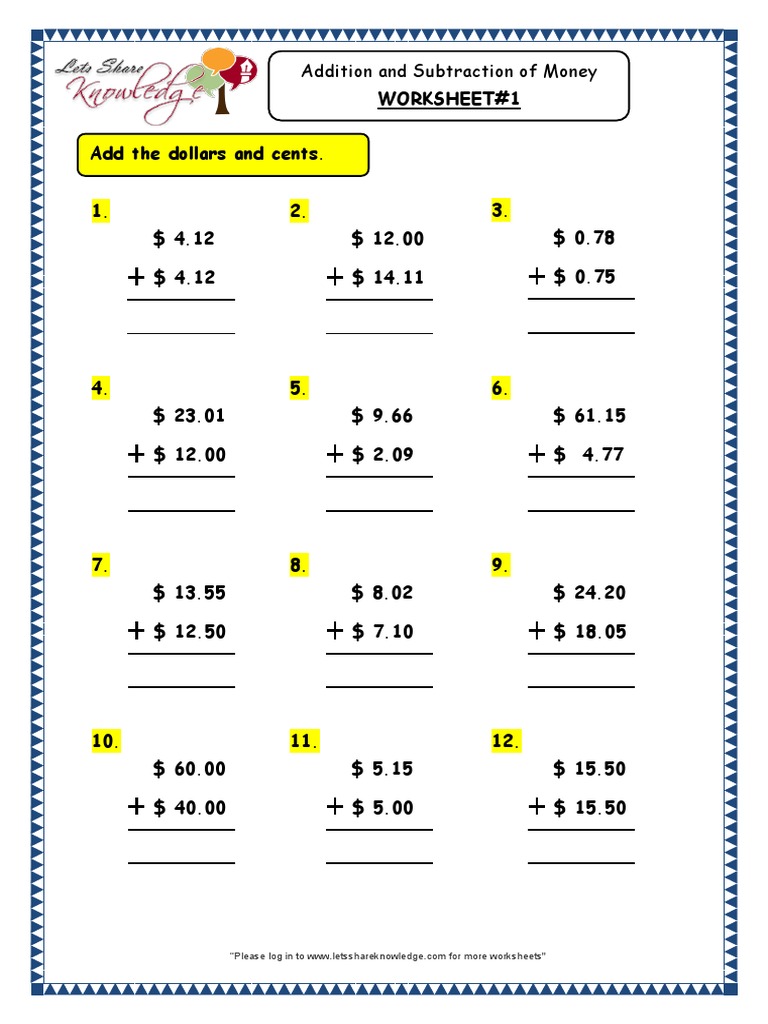 Grade 3 Maths Worksheets Addition and Subtraction of Money 1 1 | PDF ...