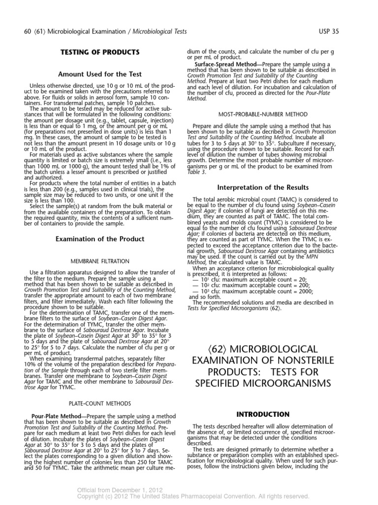 Usp 62 - Microbiological Examination of Nonsterile Products Tests For ...