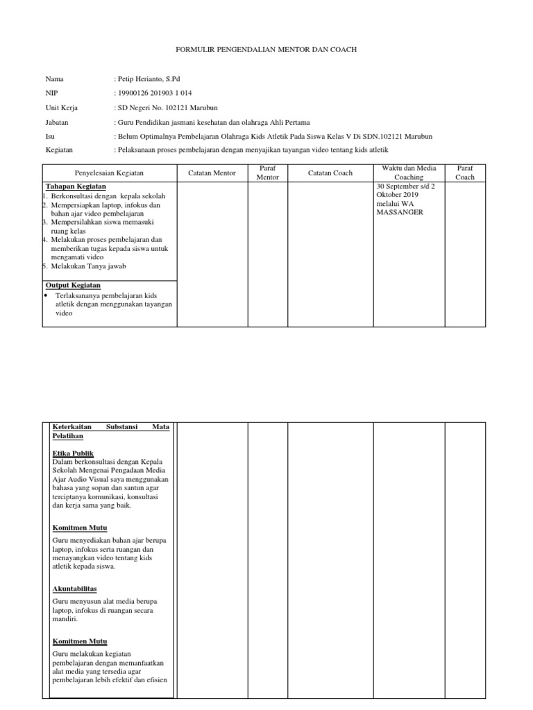 Formulir Pengendalian Mentor Dan Coach | PDF | Karier & Perkembangan ...