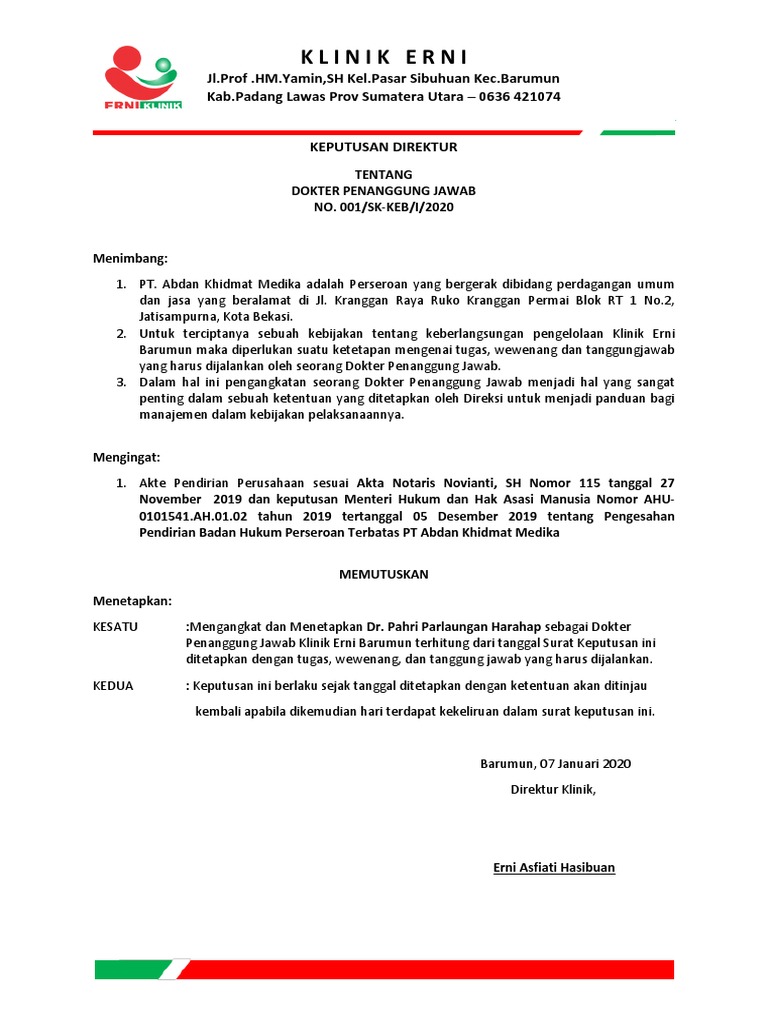 Dokter Penanggung Jawab Klinik Erni Barumun | PDF