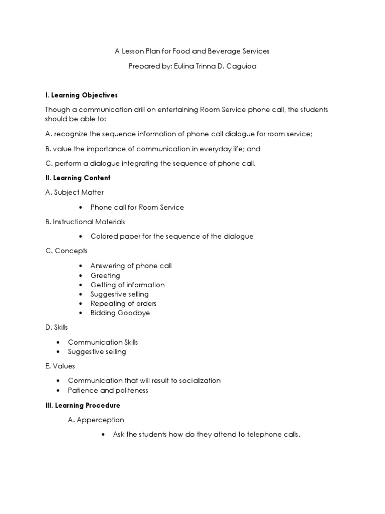 A Lesson Plan For Food and Beverage Services | PDF