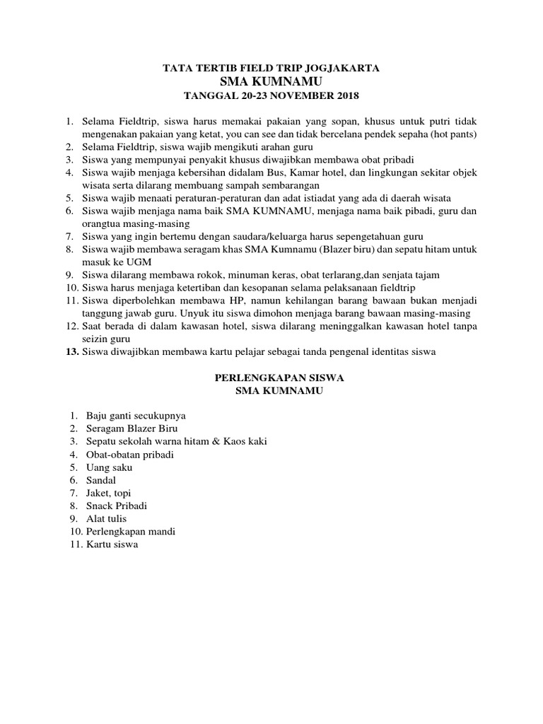 Tata Tertib Field Trip SMA Kumnamu | PDF