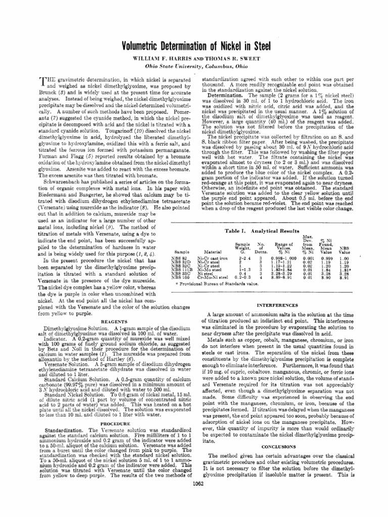 Volumetric Determination of Nickel in Steel Using Versenate Titration ...