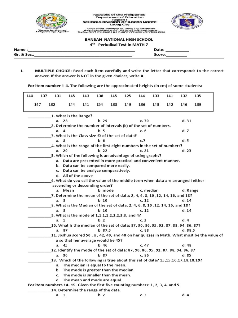 Periodical Exam Math 7 | PDF | Mean | Mode (Statistics)