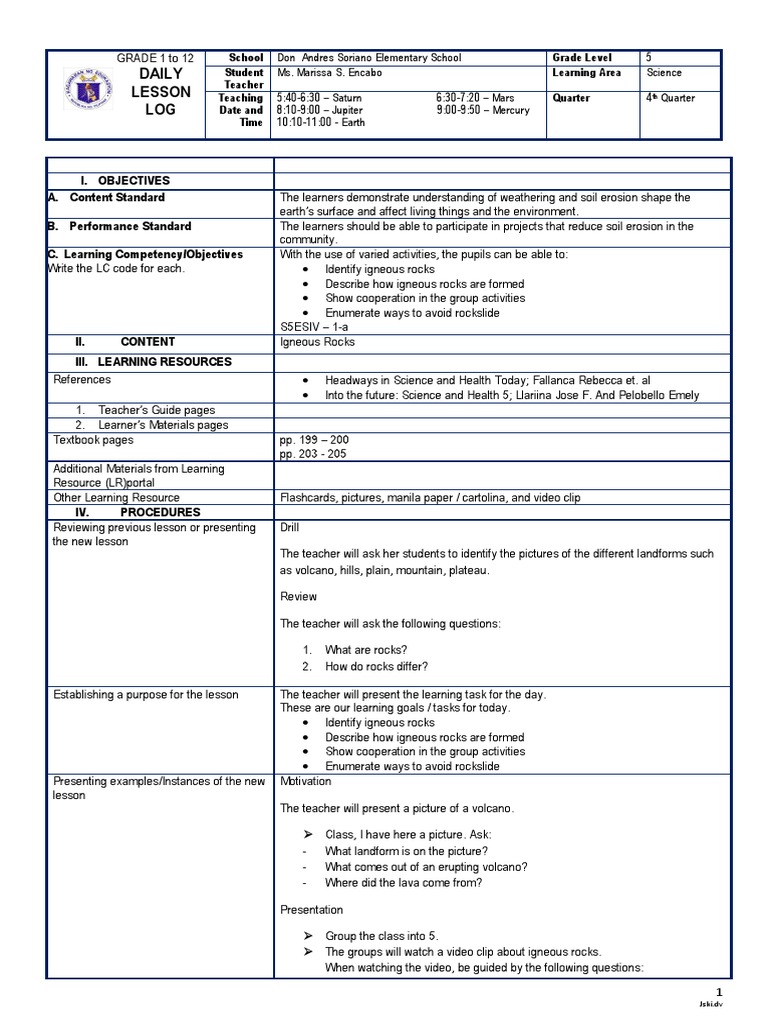 Lesson Plan About Igneous Rocks | PDF | Rock (Geology) | Igneous Rock