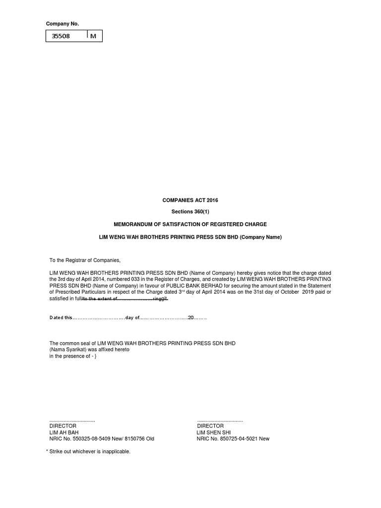 MEMORANDUM OF SATISFACTION OF REGISTERED CHARGE - Section 360 | PDF
