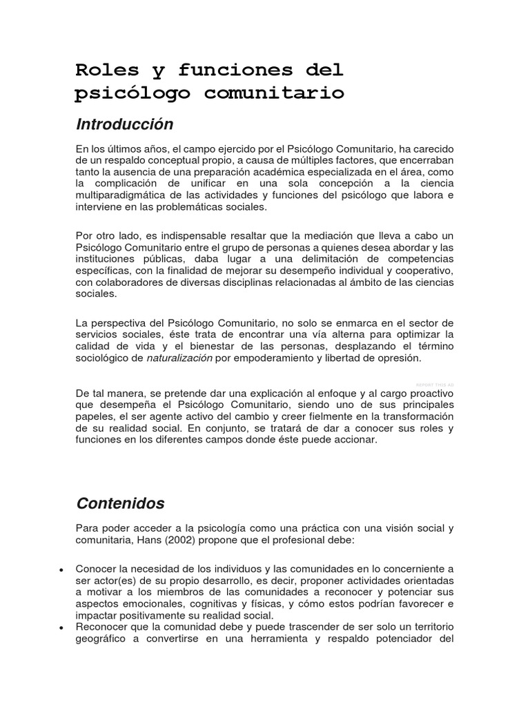 Roles Y Funciones Del Psicólogo Pdf Sicología Trabajo Social