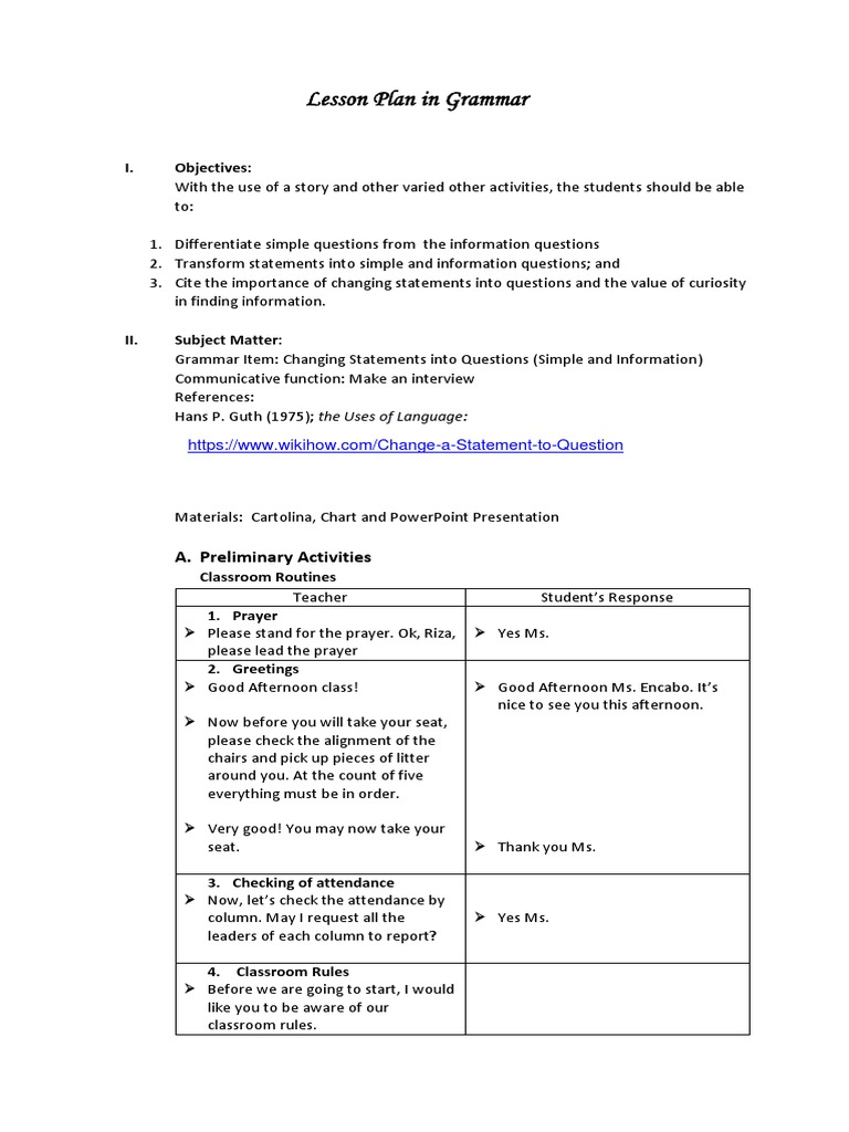 Grammar Lesson Plan: Questions Focus | PDF | Question | Subject (Grammar)