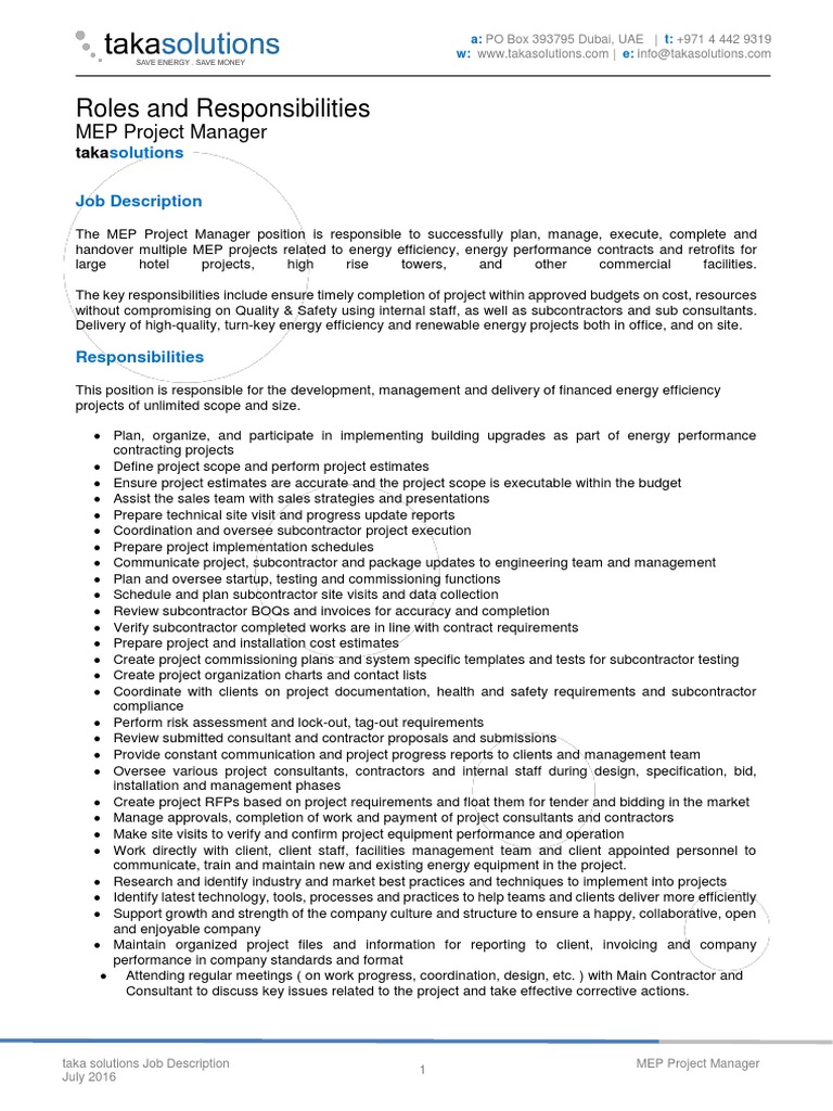 Taka Solutions MEP Project Manager Roles and Responsibilities | PDF ...