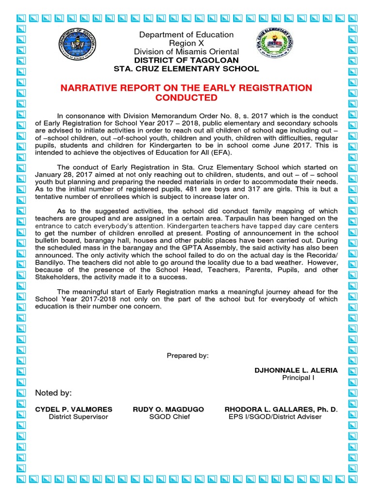 Early Registration Narrative 2017 | PDF | Teachers | Cognition