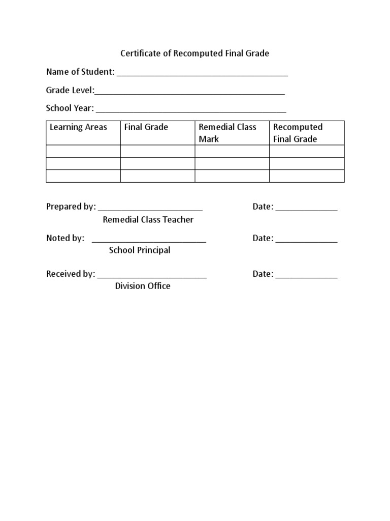 Certificate of Recomputed Final Grade | PDF | Career & Growth