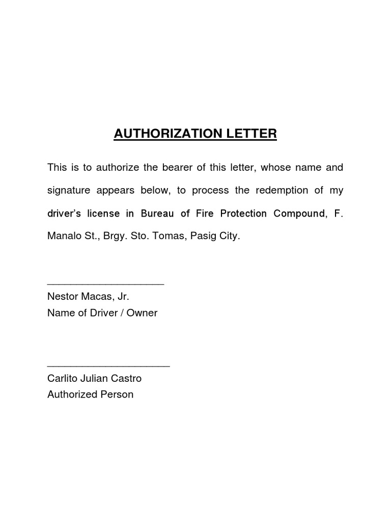 Authorization Letter Driver's License | PDF