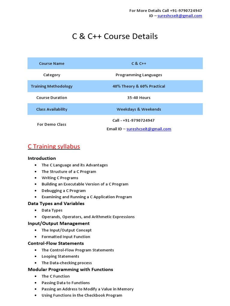 C C Course Syllabus Pdf C Programming Language Subroutine