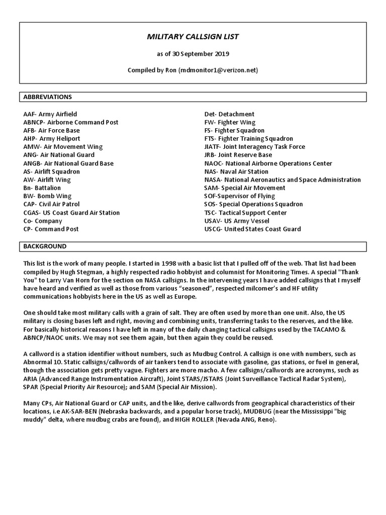 Callsign List | PDF | Air National Guard | Lockheed C 130 Hercules