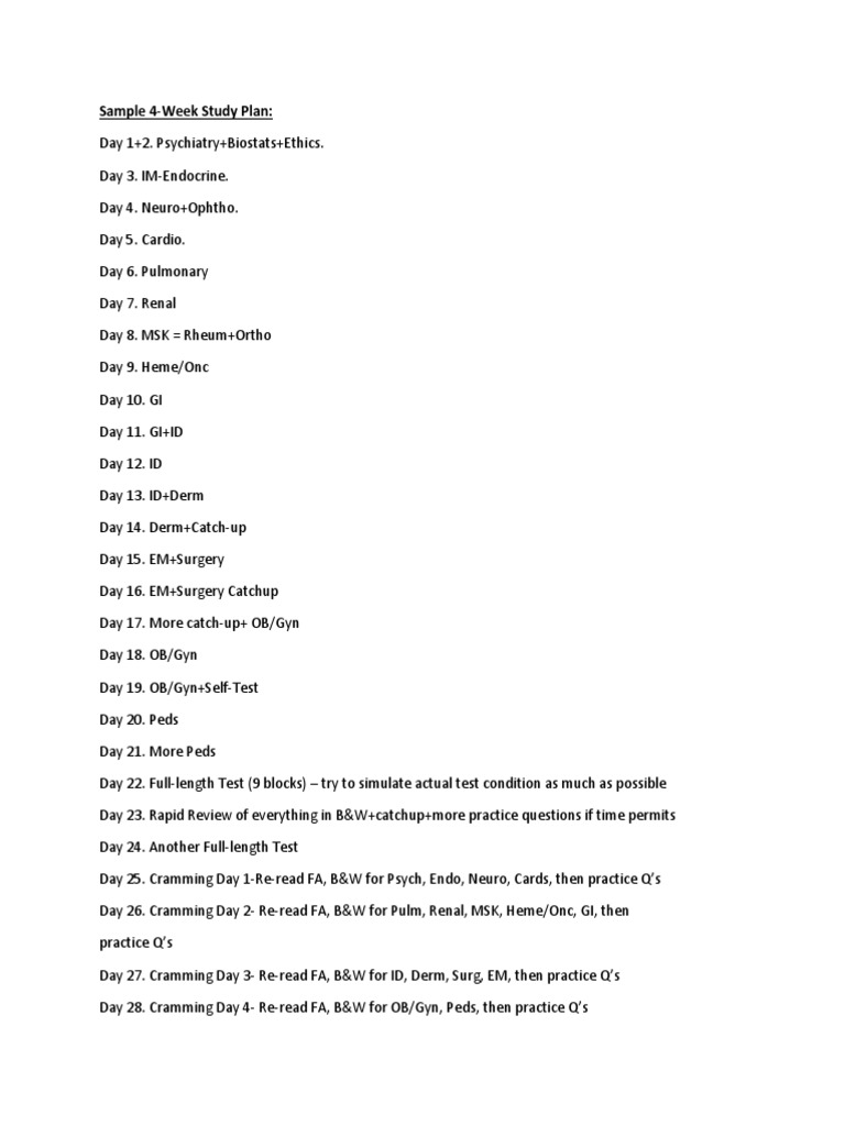 4 Week Study Plan | PDF | Medicine | Health Care