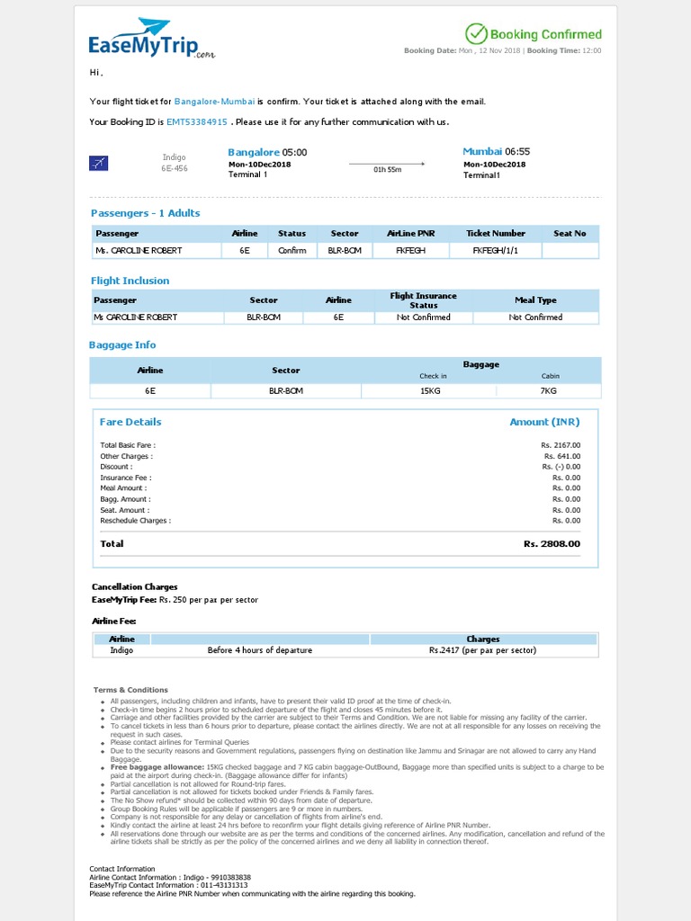 Flight Booking Confirmation from Bangalore to Mumbai for Ms. Caroline ...