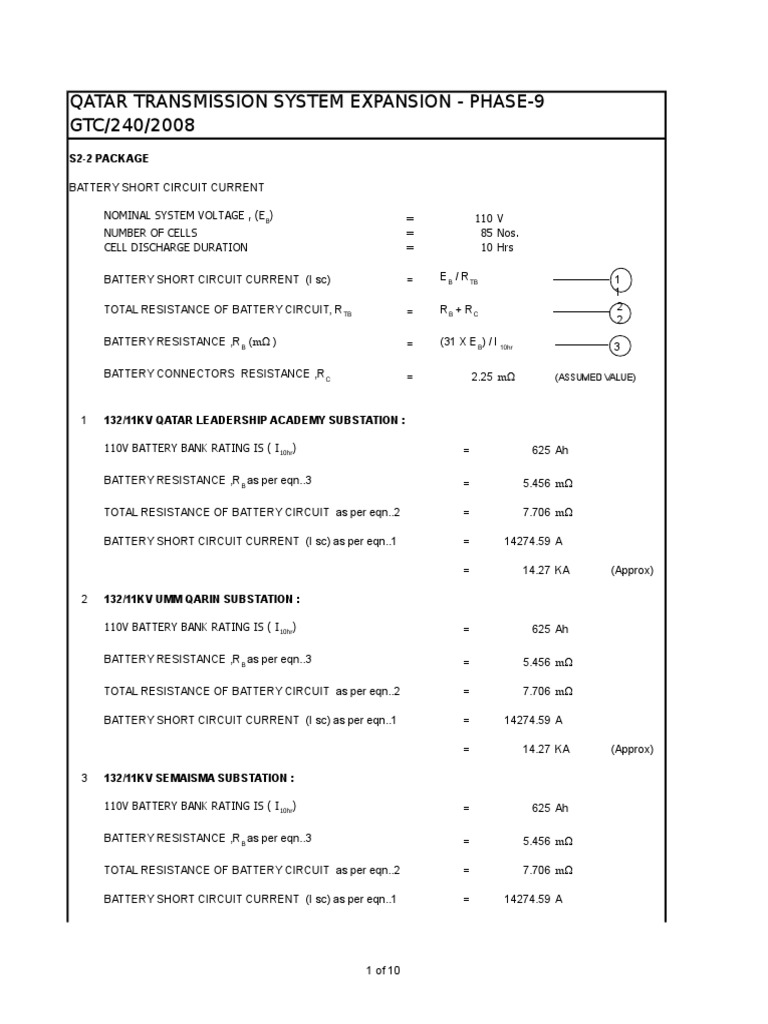 Battery Short Circuit Current Calculation | PDF | Electrical Substation ...