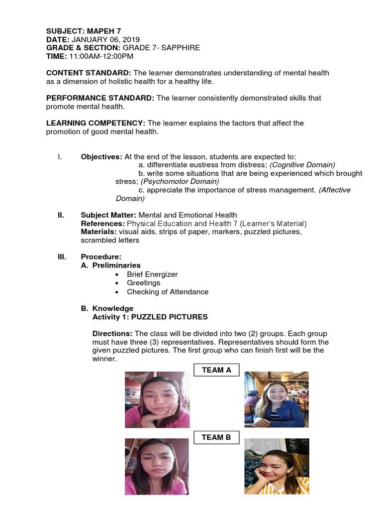 Semi - Detailed Lesson Plan Mapeh 7 | PDF | Stress (Biology) | Emotions