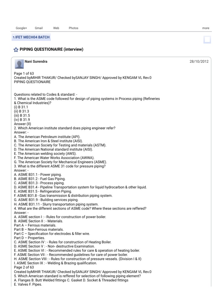 PIPING QUESTIONAIRE (Interview) - Google Groups PDF | PDF | Welding ...
