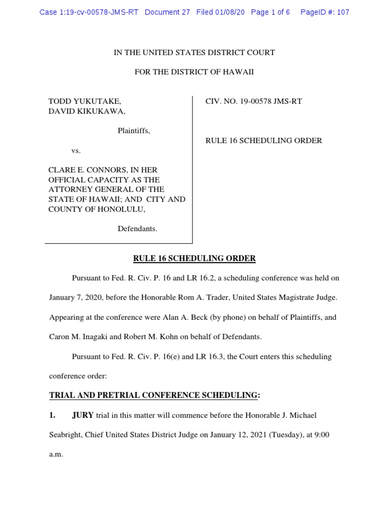 Yukutake Rule 16 Scheduling Order | PDF | Discovery (Law) | Deposition ...
